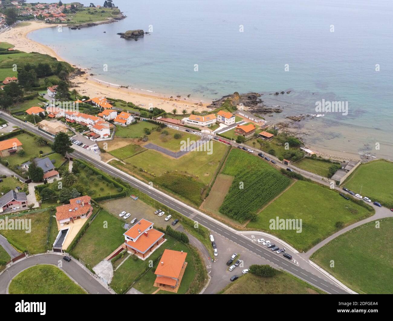 An aerial view of the Barrington La Isla beach in Colunga, Asturias ...