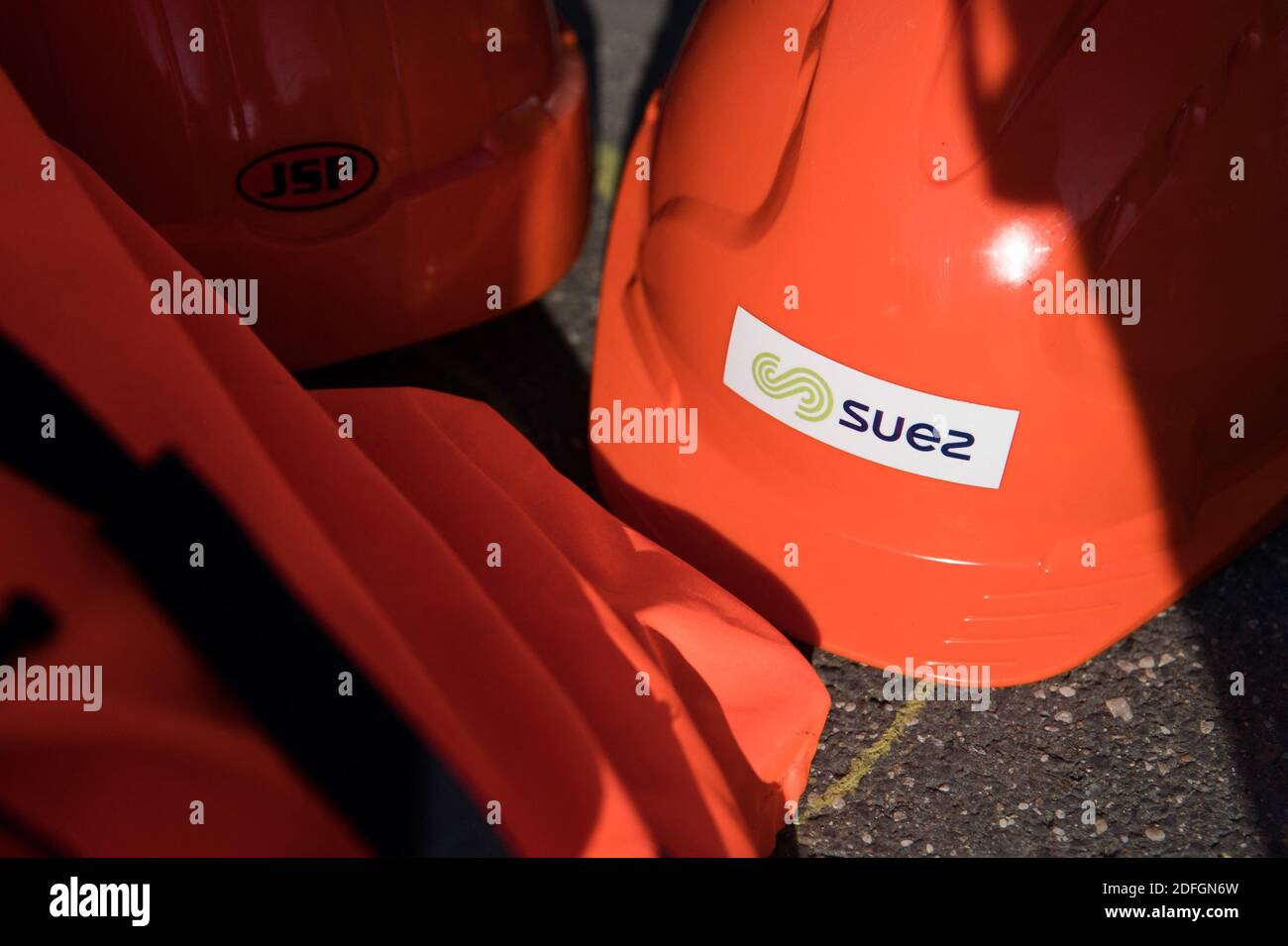 A suez logo is seen during the launch of the riverside garbage dump ...