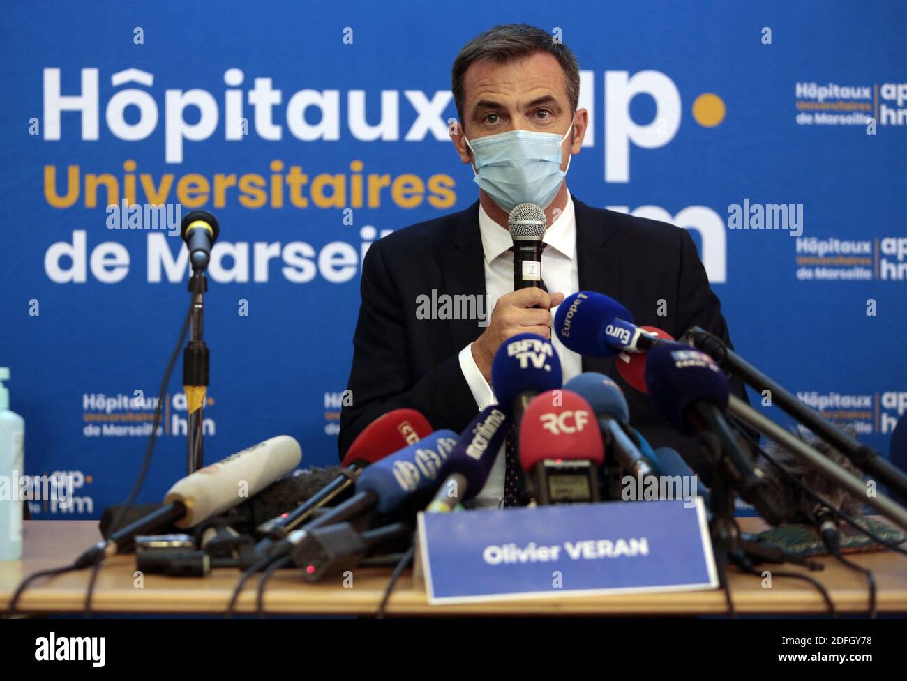 French Health Minister Olivier Veran gives a press conference during a ...