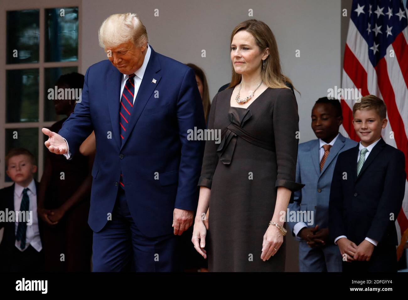 U.S. President Donald Trump welcomes Judge Amy Coney Barrett and ...