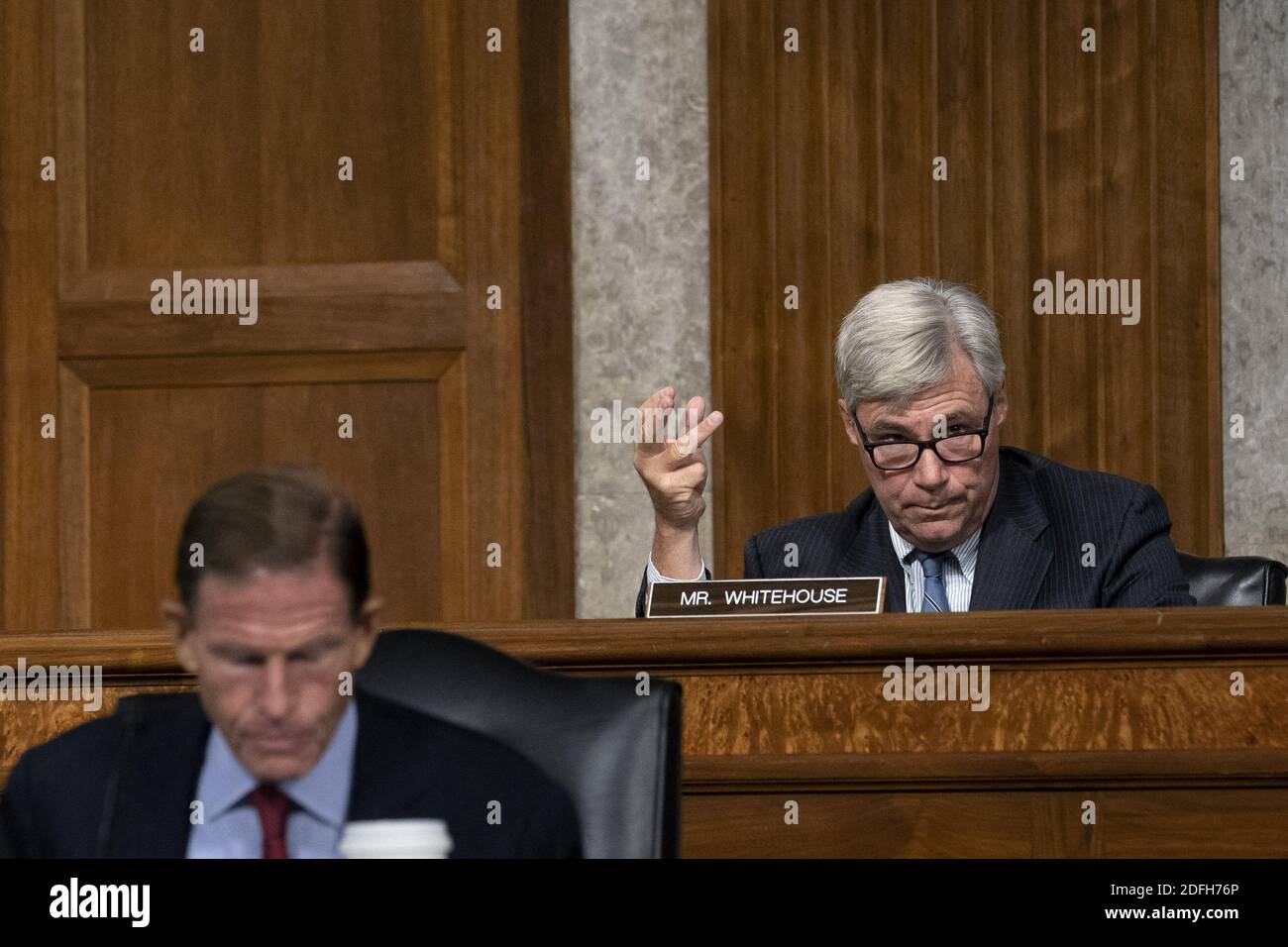 Senator Sheldon Whitehouse, a Democrat from Rhode Island, right, speaks ...