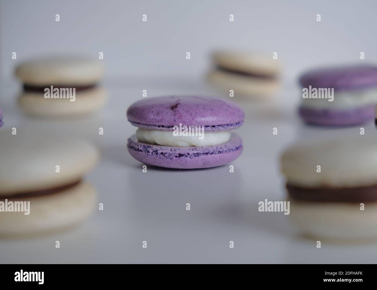 photo of pastel purple and white macaroons, filled with white chocolate ...