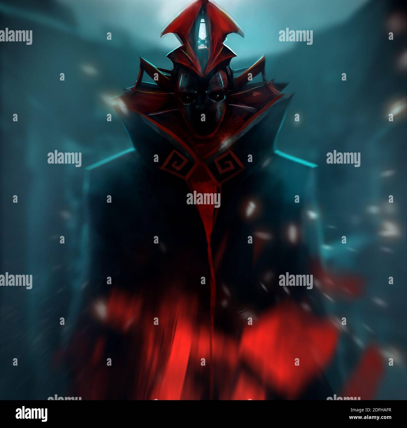 Masked monster with metal helmet standing in black mantle horror art ...