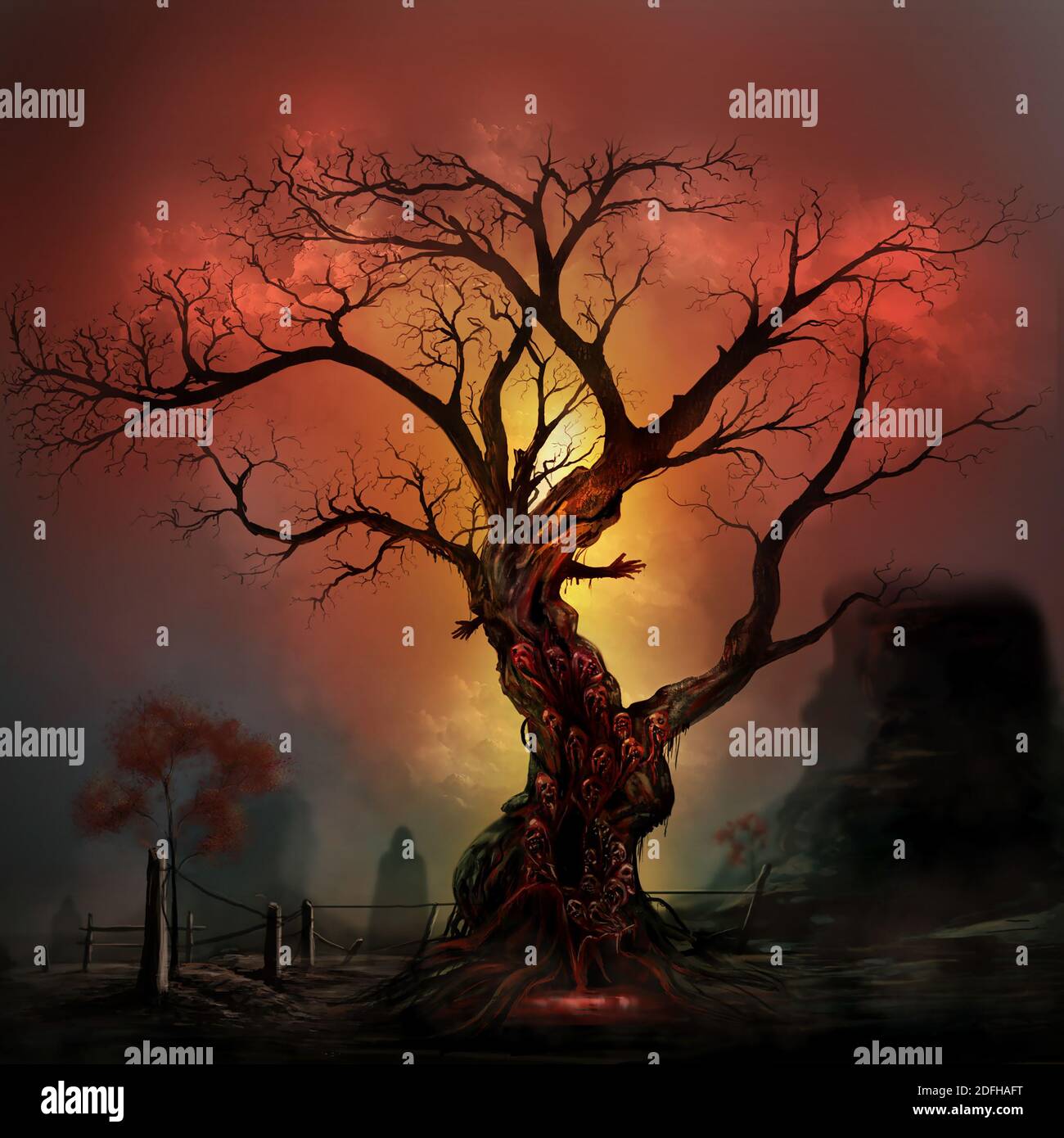 Scary horror tree with zombie and monster demon faces Stock Photo - Alamy