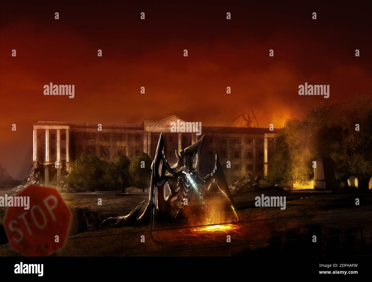 Illustrated sci-fi alien robotic insect creatures invading destroyed ...