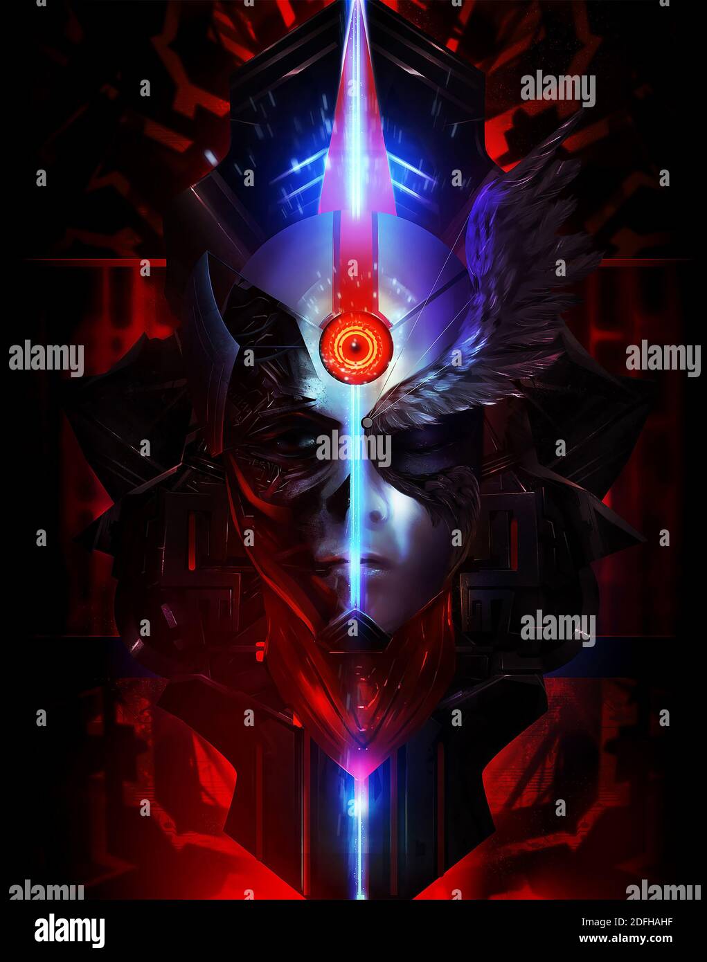 Scifi angel and devil looking mask portrait illustration with neon ...