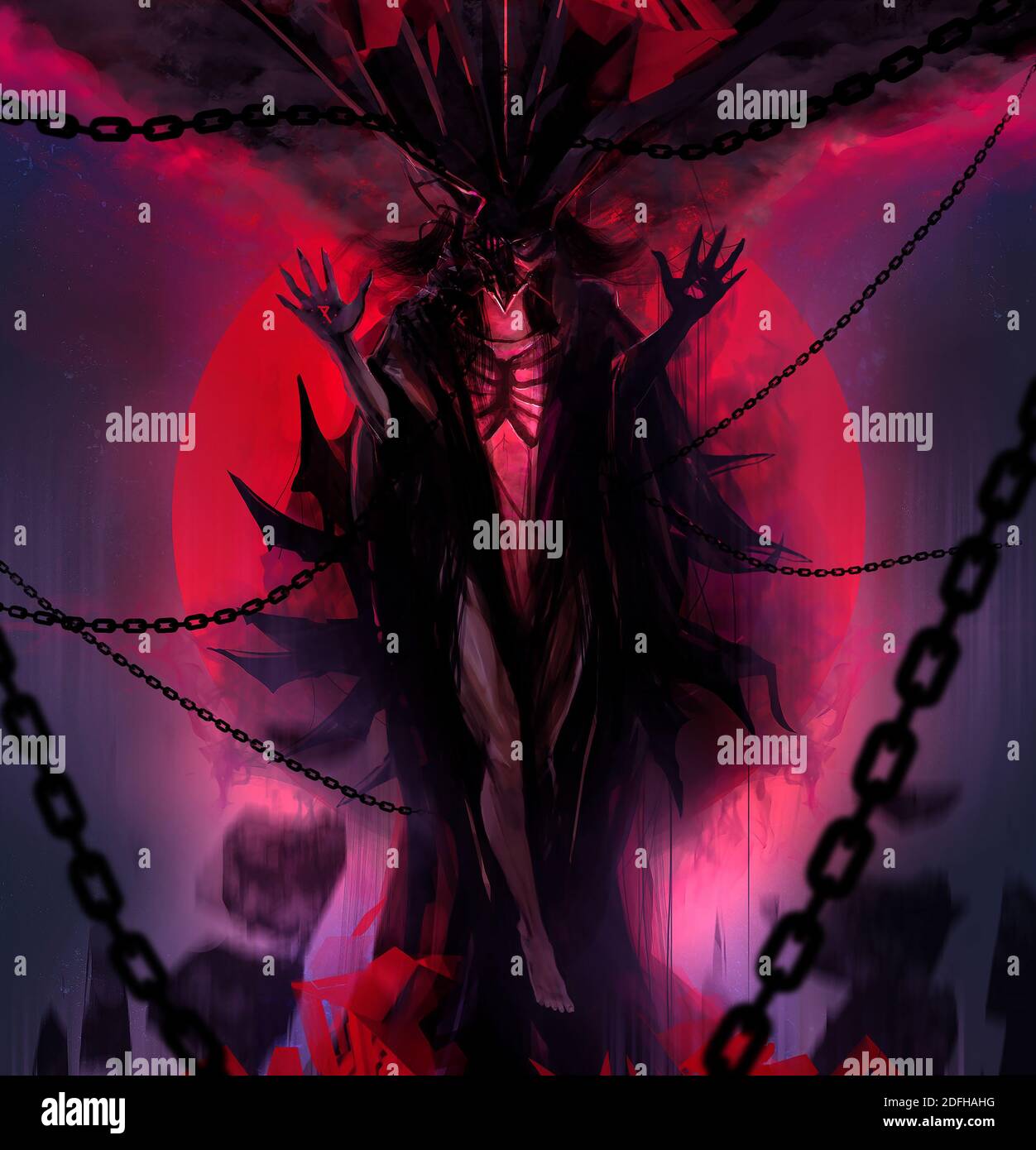 Hell demon goddess with chains and infernal view background Stock Photo ...