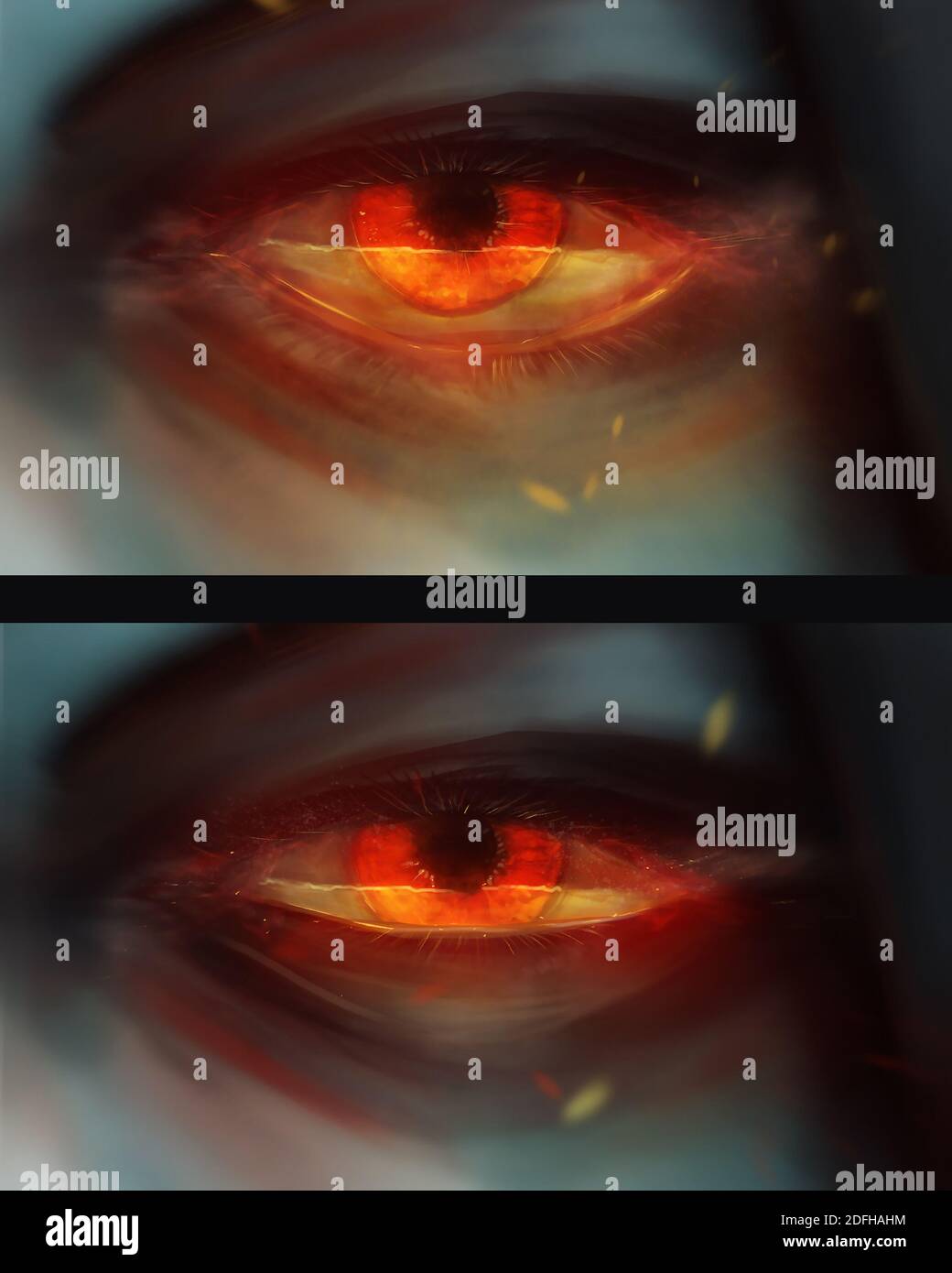 Fantasy comic closeup witch fire eyes in different positions ...