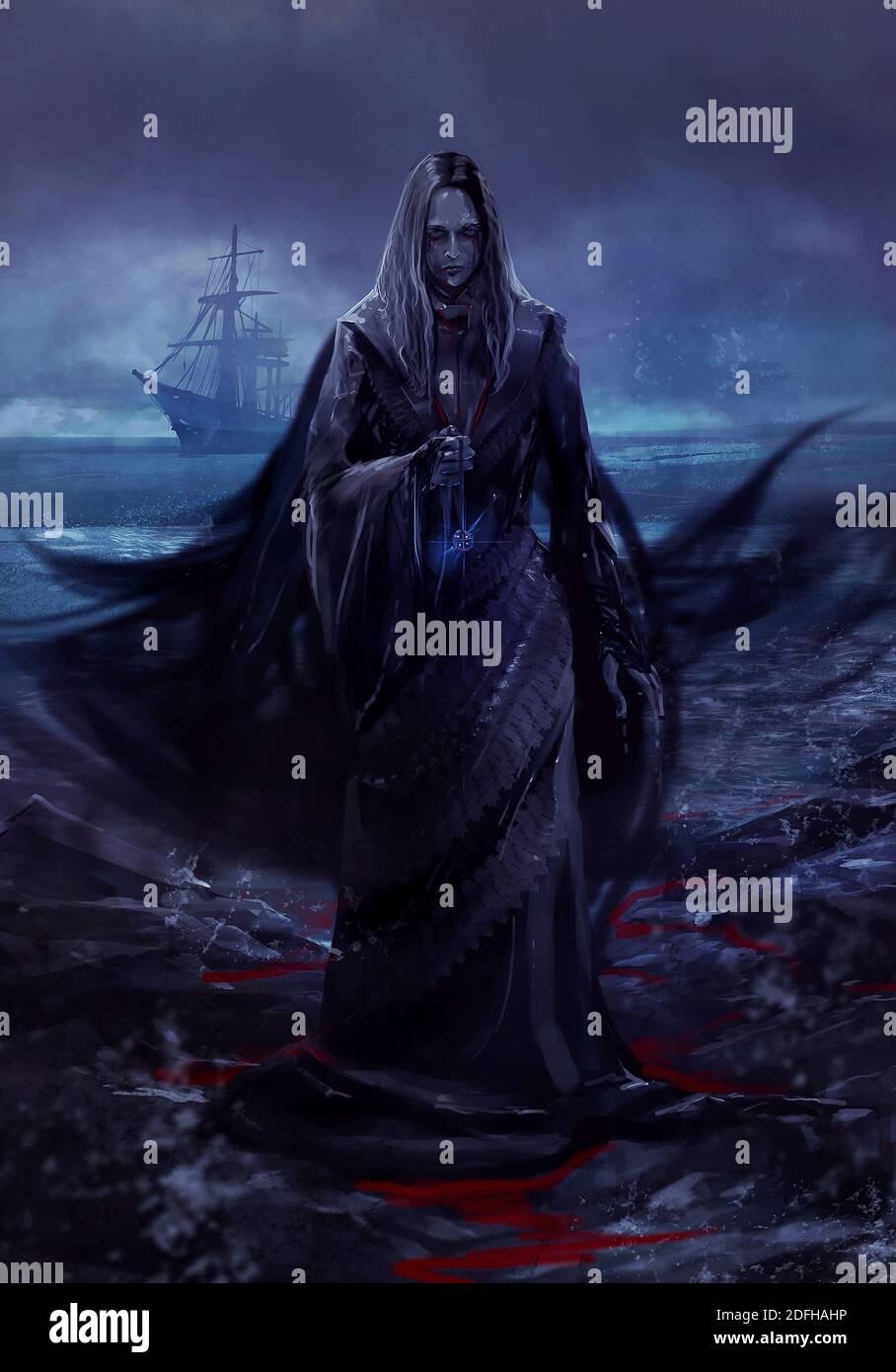Ghost lady standing on a shore with a talisman in her hand Stock Photo ...