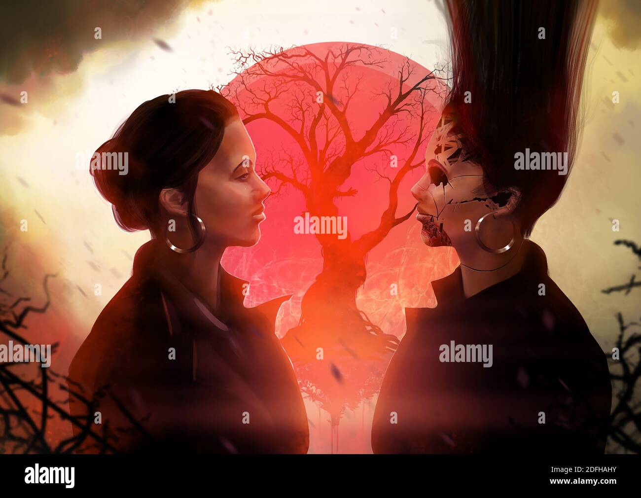 Abstract spooky woman profile looking at evil tween art illustration ...