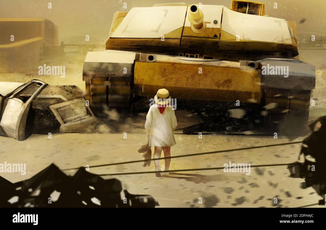 Illustrated scene of a brave young girl with teddy bear walking towards ...