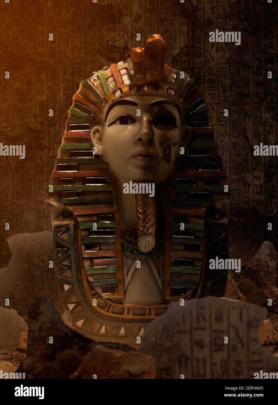 Egypt pharaoh bust standing in ancient ruins cave with egyptian symbols ...