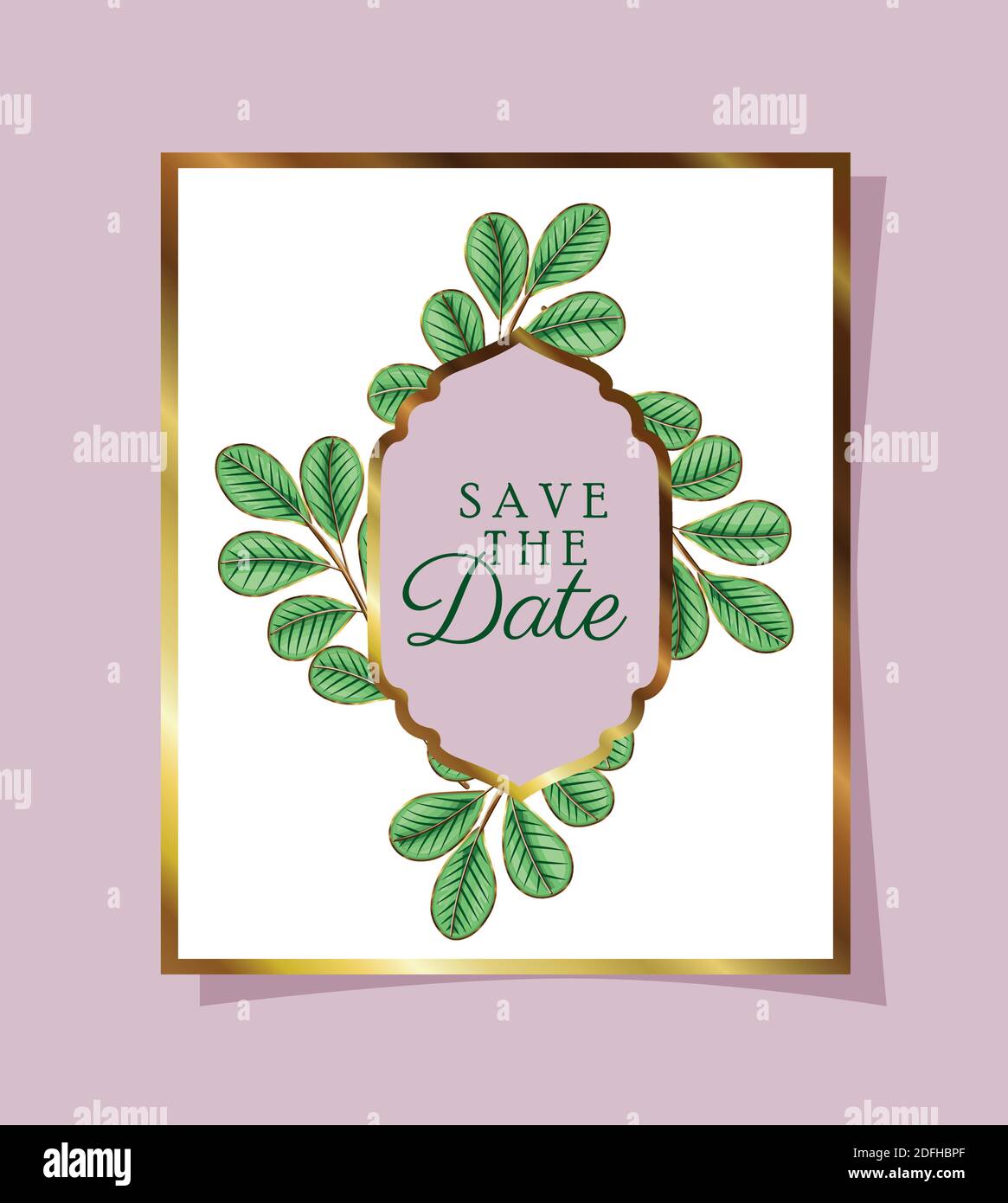 leaves invitation of white color with green leaves on a purple ...