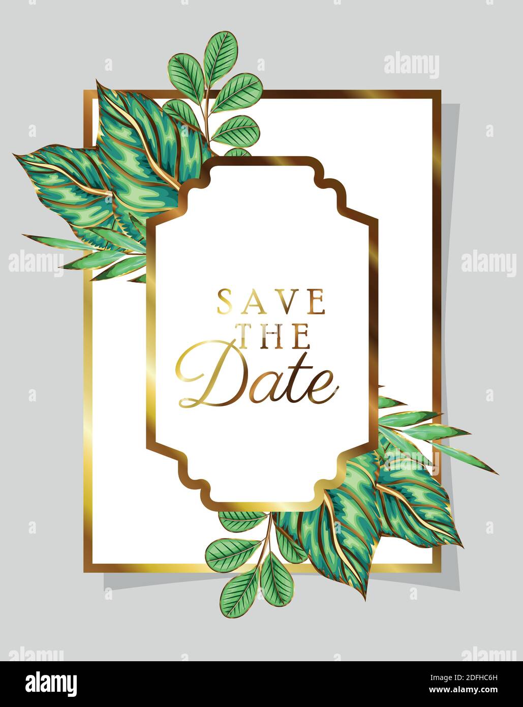 invitation letter with green leaves decoration on a light gray ...