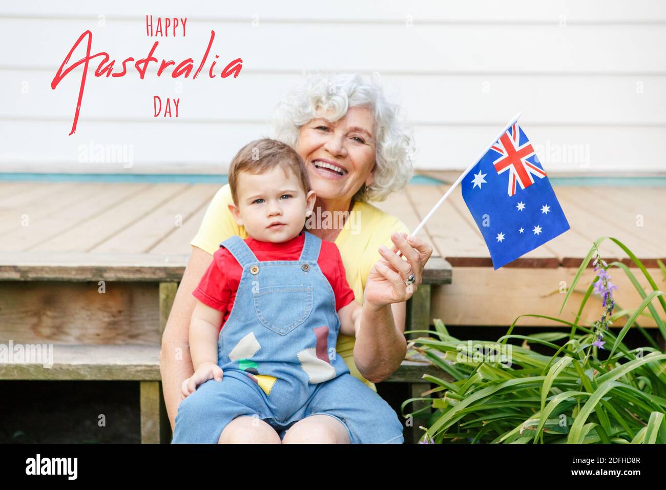 Happy Australia Day card with greeting text. Happy old woman ...