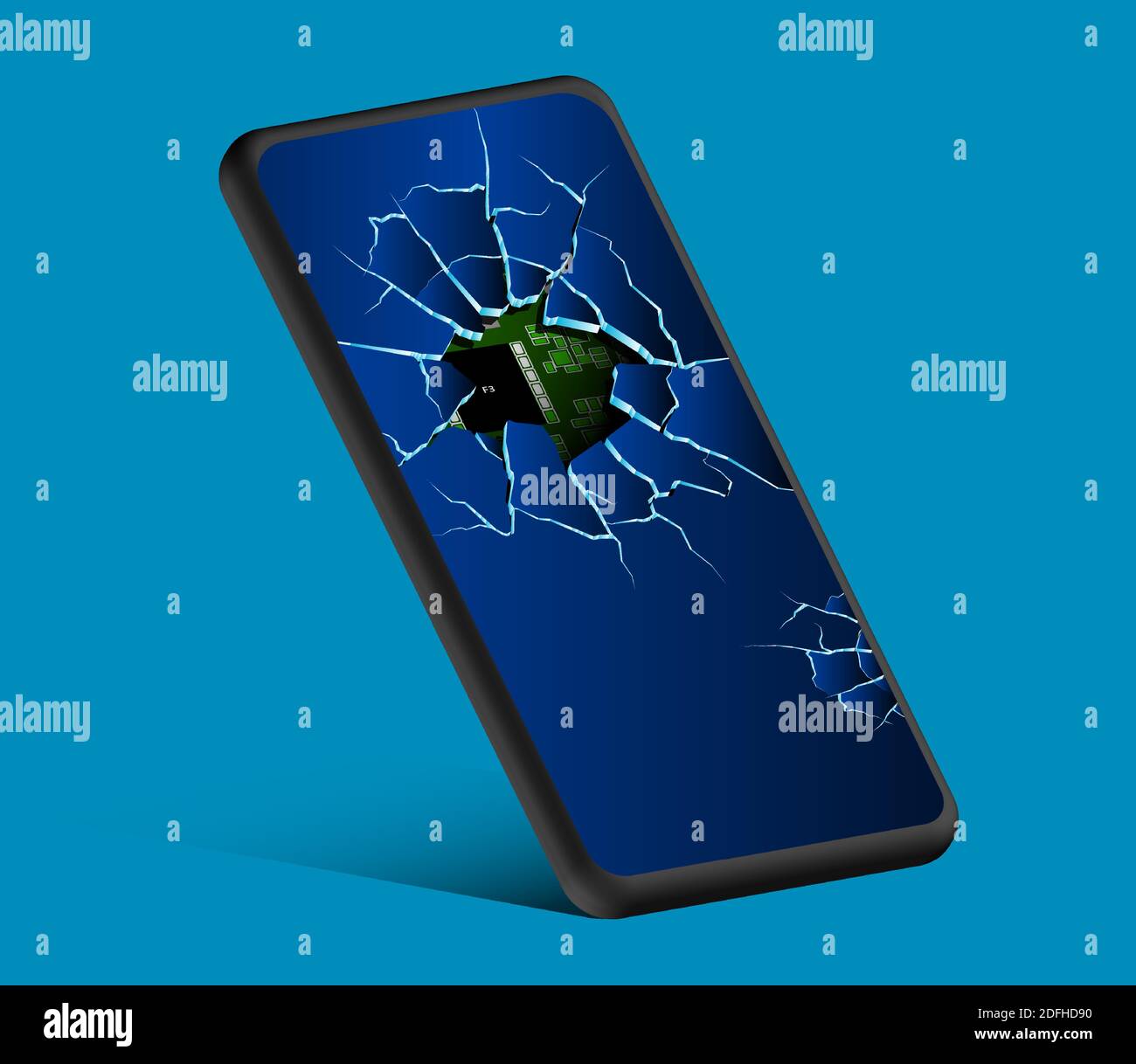 smartphone with broken touchscreen and an electronic board inside ...