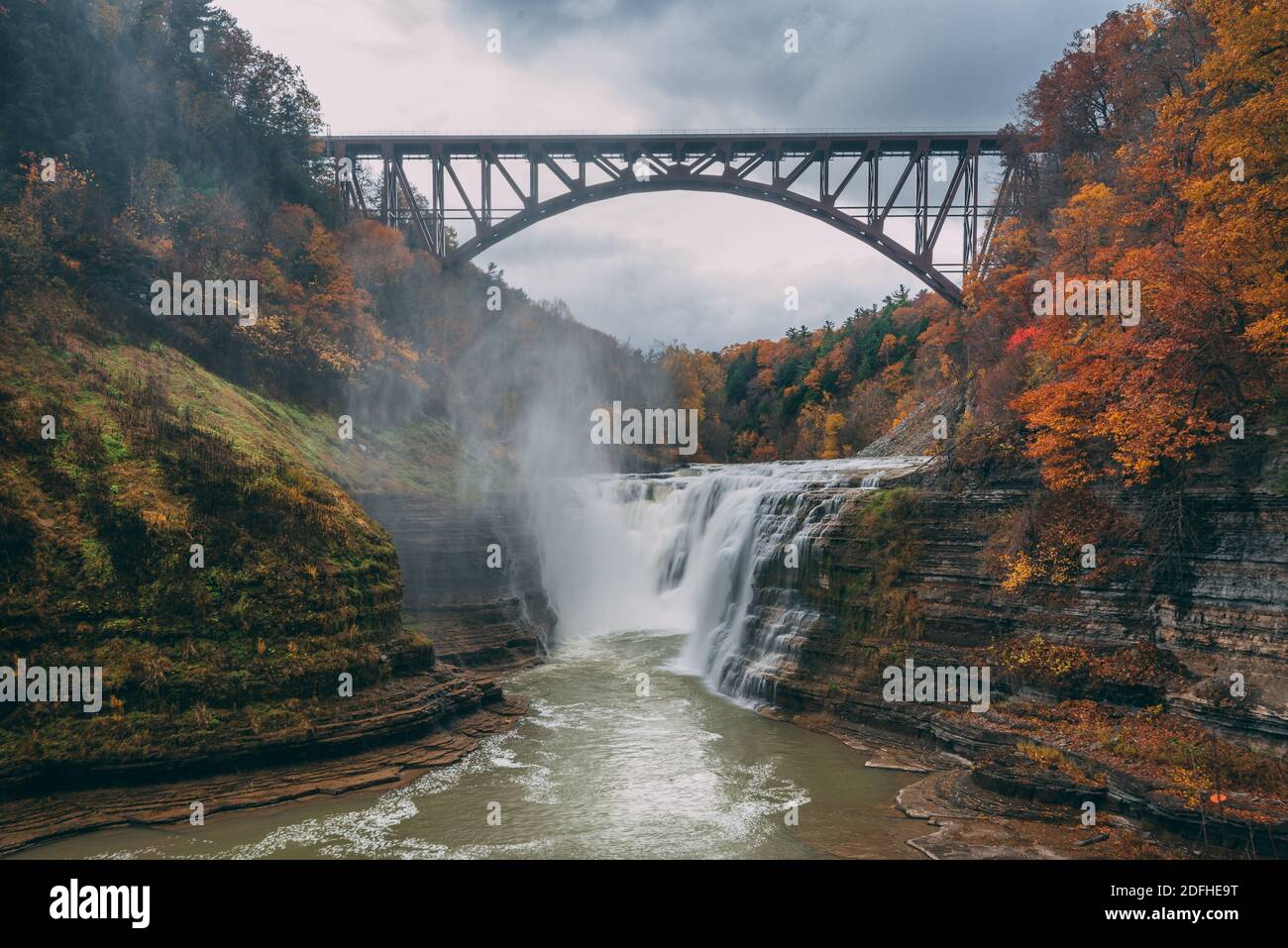 Upper Falls and the Portage Viaduct with autumn color, at Letchworth ...