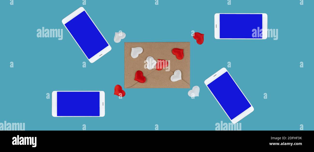 cell phones and hearts on a blue background. forwarding messages for ...
