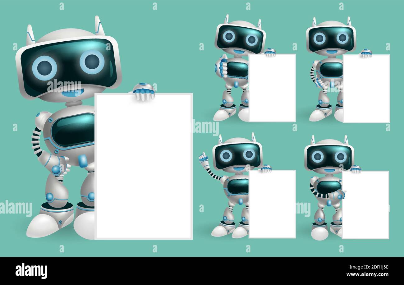 Robot character presenting vector set. Robotic characters in pose and gestures like showing ...