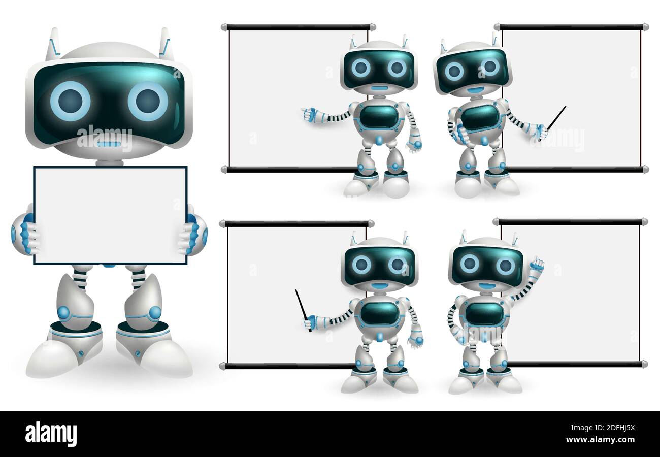 Robot characters presentation vector set. Robots character with robotic pose and gestures ...