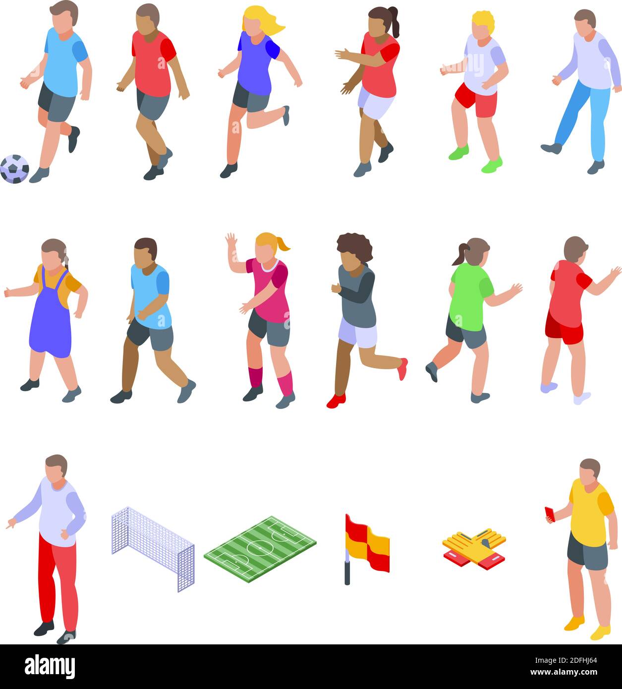 Kids playing soccer icons set. Isometric set of kids playing soccer ...