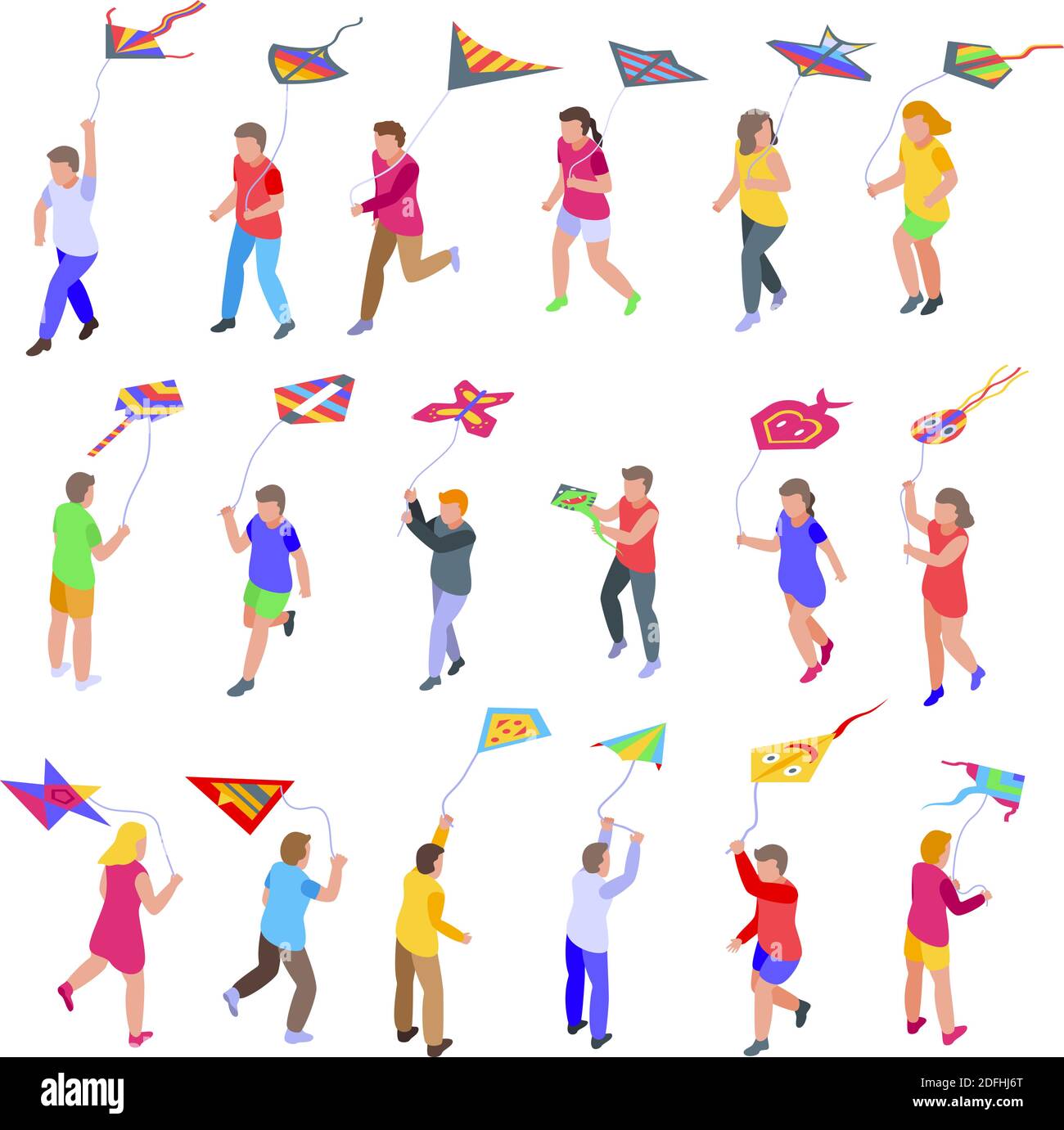 Kids playing with kite icons set. Isometric set of kids playing with ...
