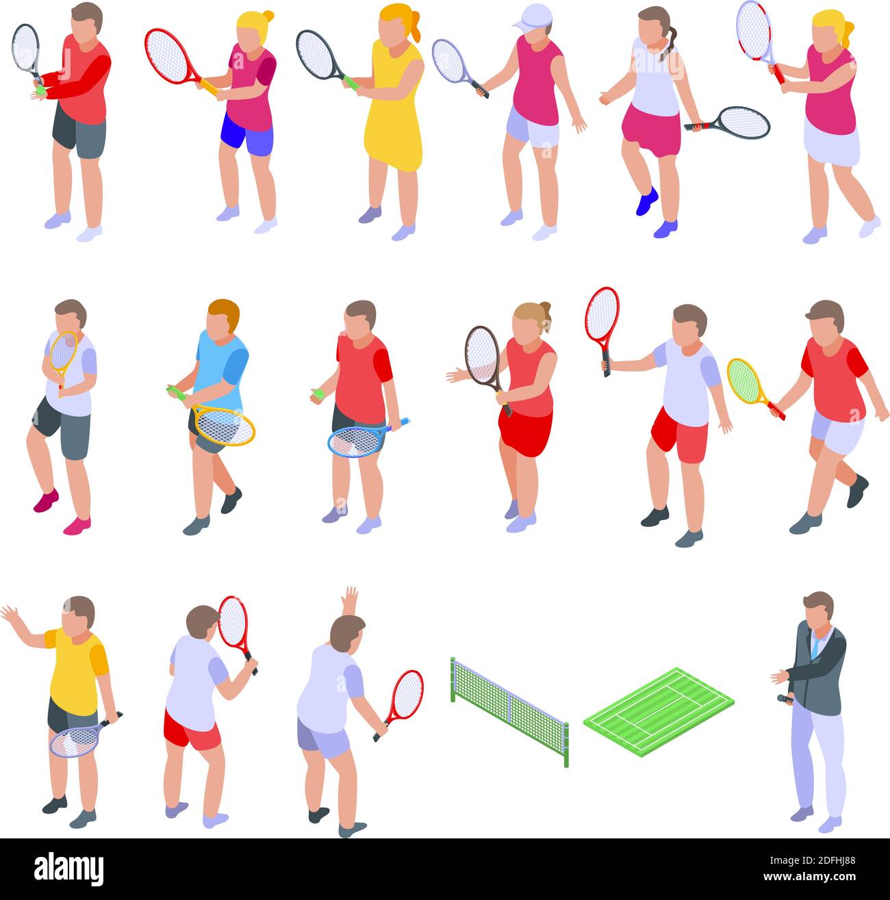 Kids playing tennis icons set. Isometric set of kids playing tennis ...