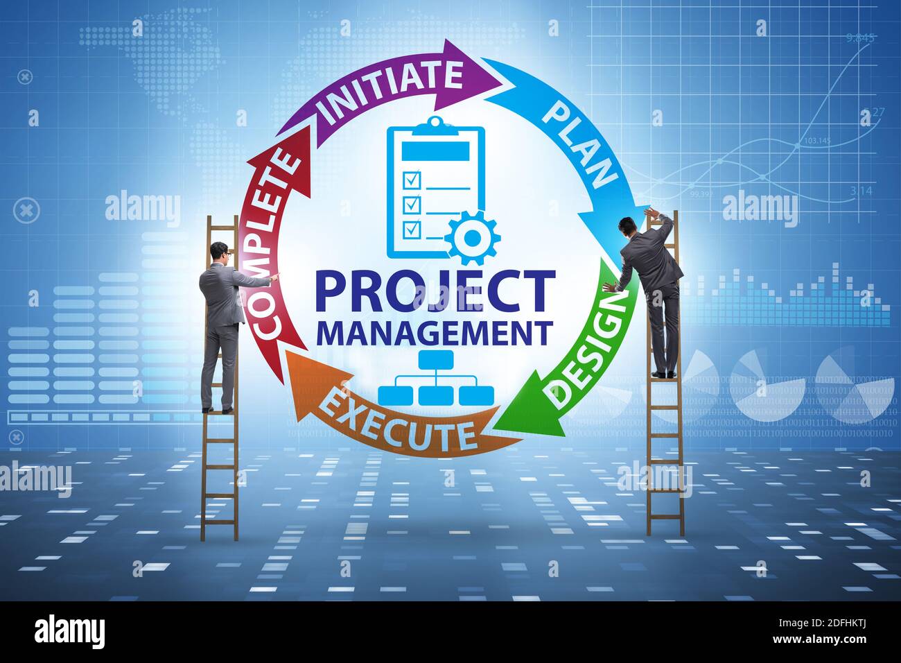 Project management concept in stages with the businessman Stock Photo ...