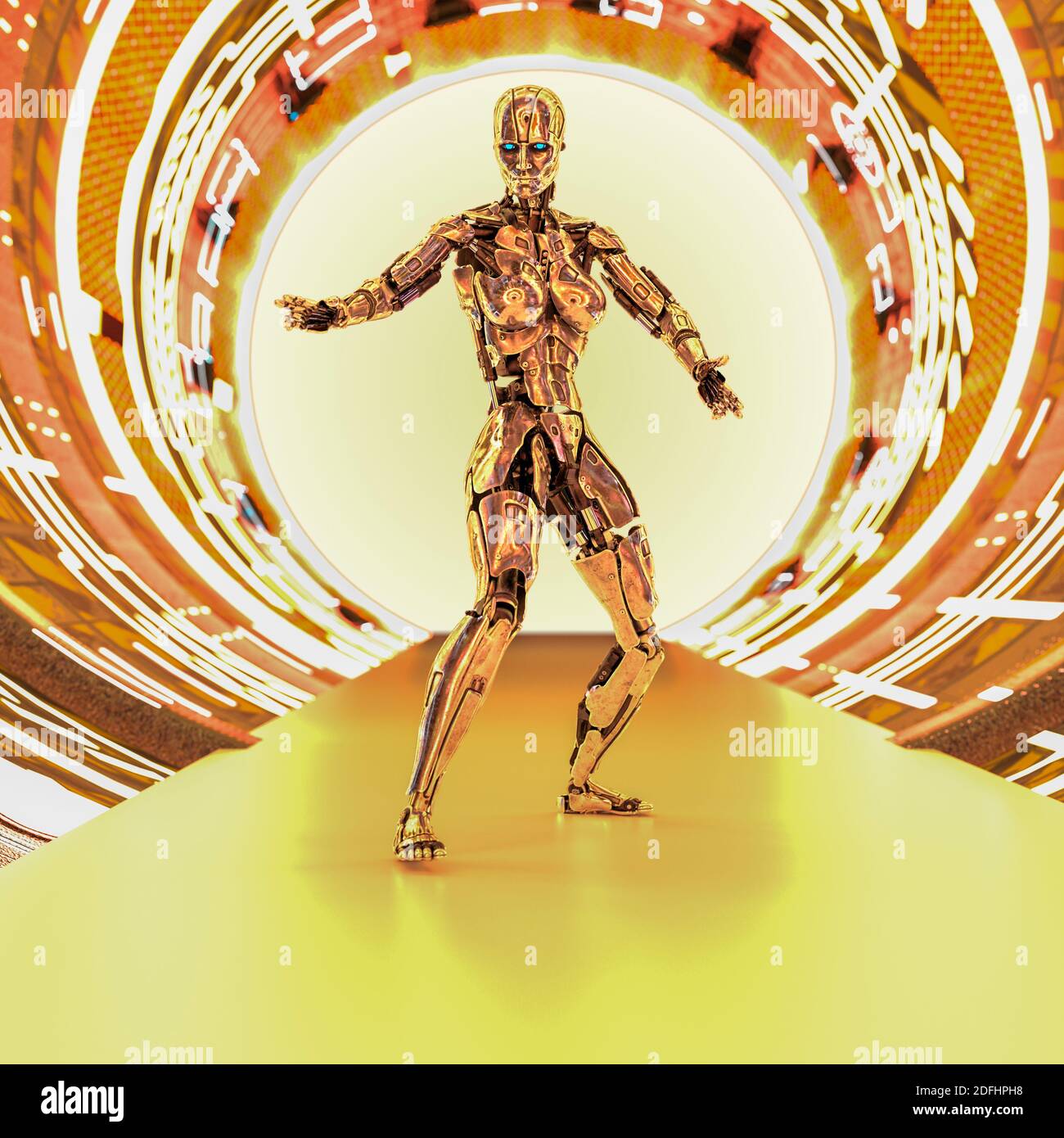 Metallic cyborg in a futuristic tunnel - 3d rendering Stock Photo - Alamy