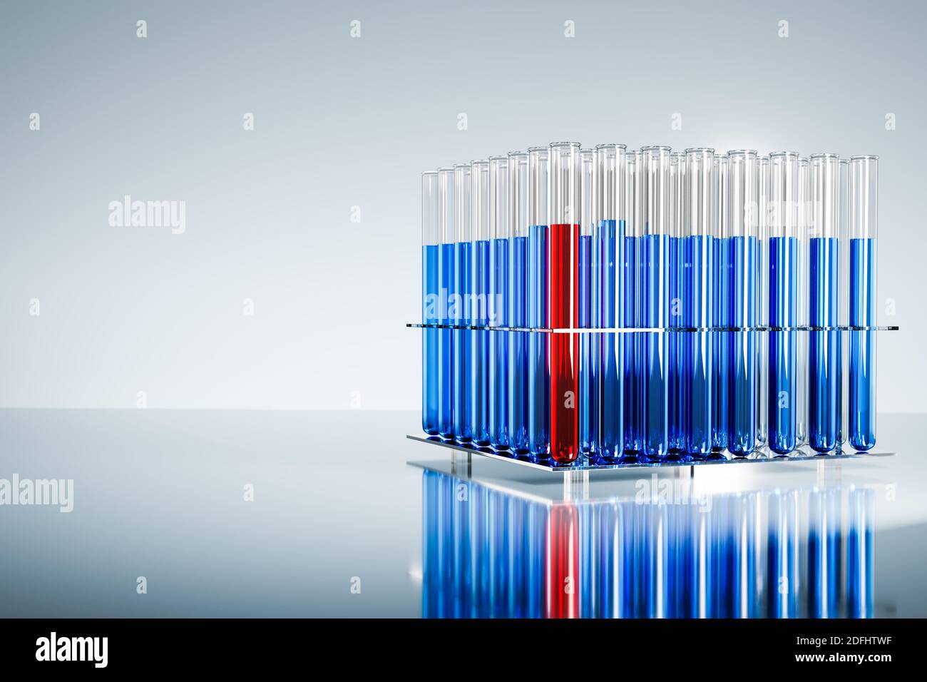 Test tubes with red or blue liquid in a holder. Testing laboratory ...