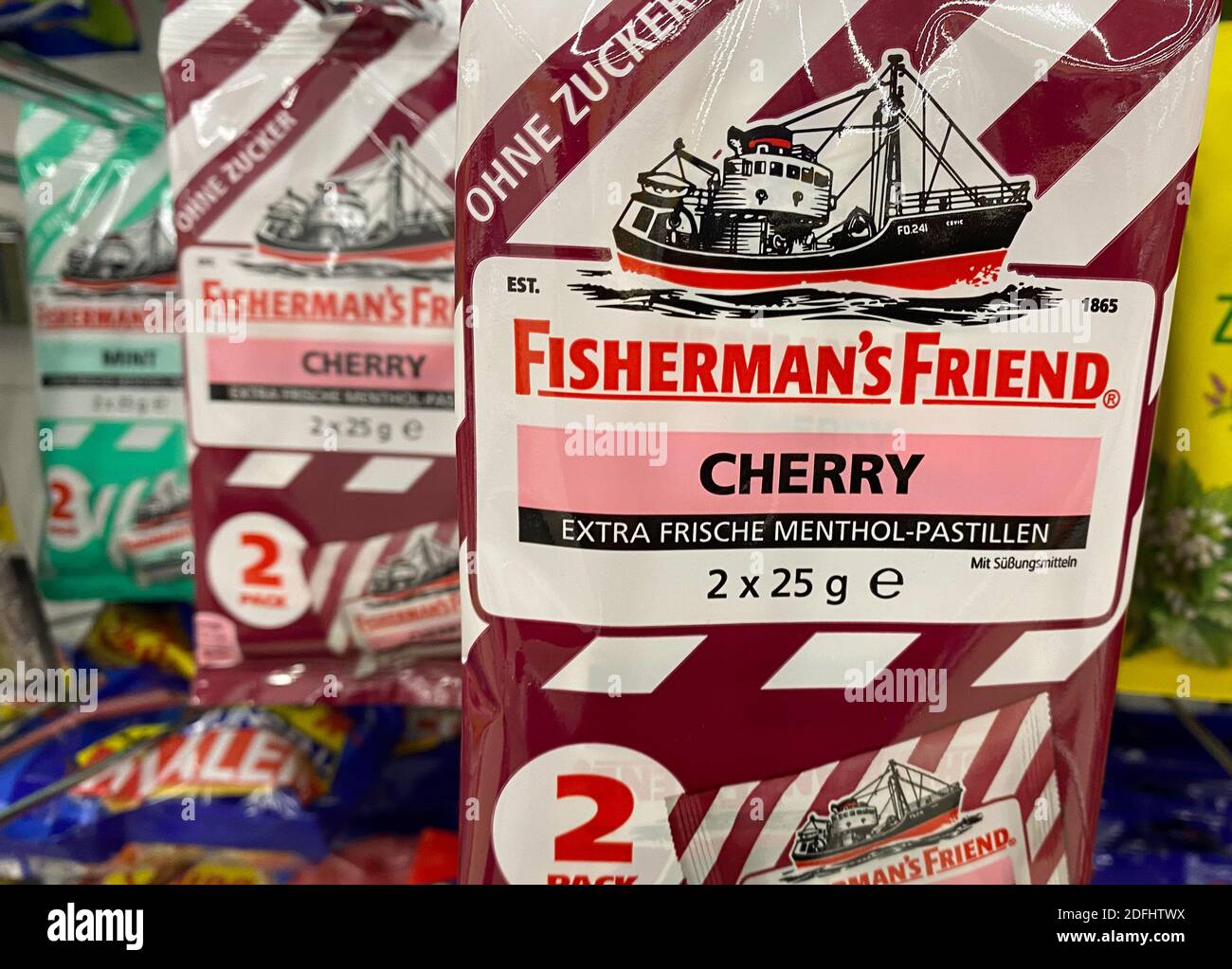 Viersen, Germany - May 9. 2020: Close up of Fisherman s friend cherry ...