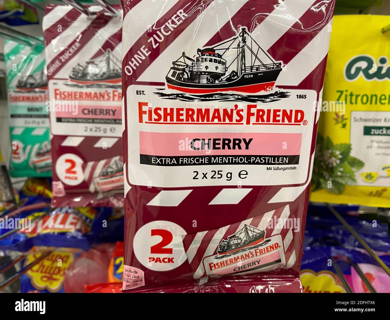 Viersen, Germany - May 9. 2020: Close up of Fisherman s friend cherry ...