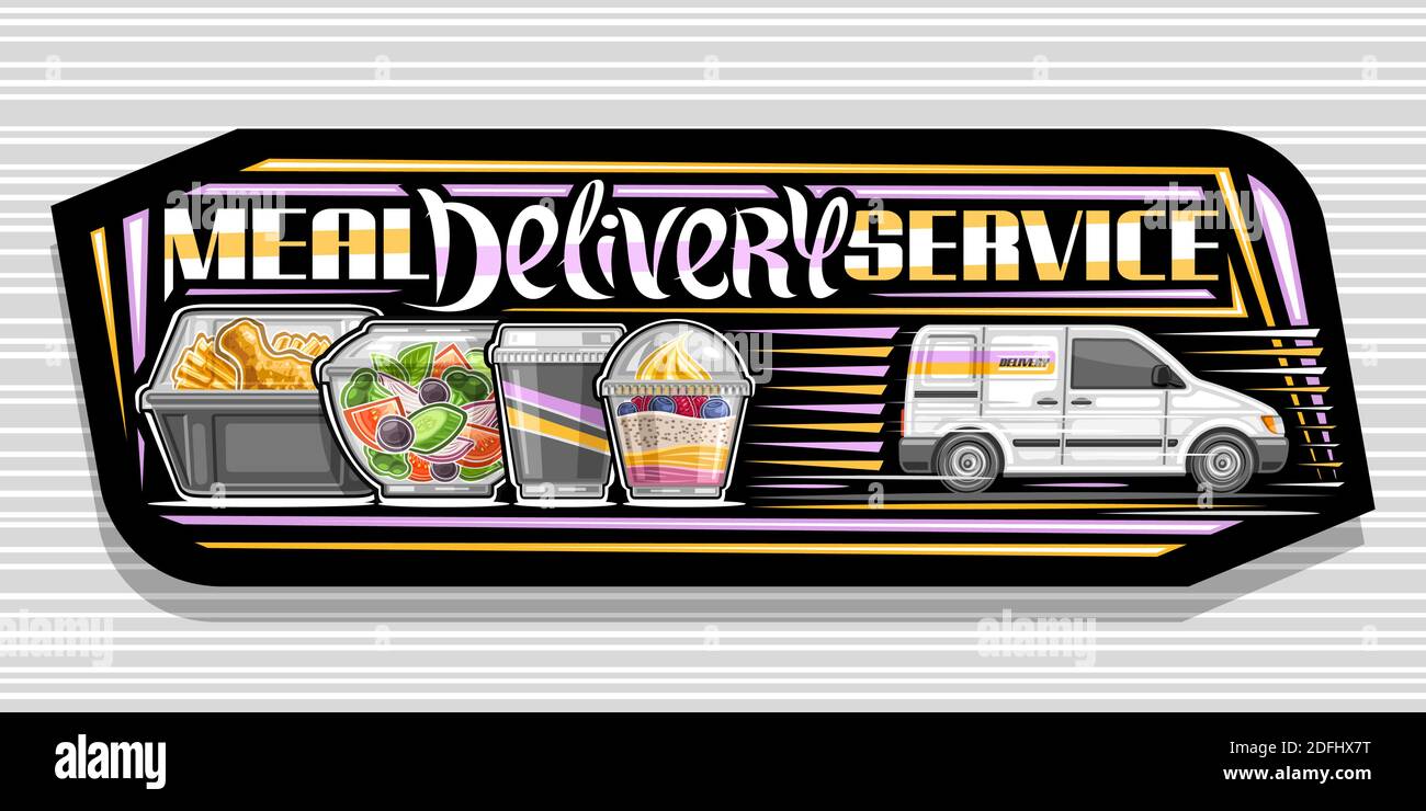 Vector banner for Meal Delivery Service, black decorative sign with ...