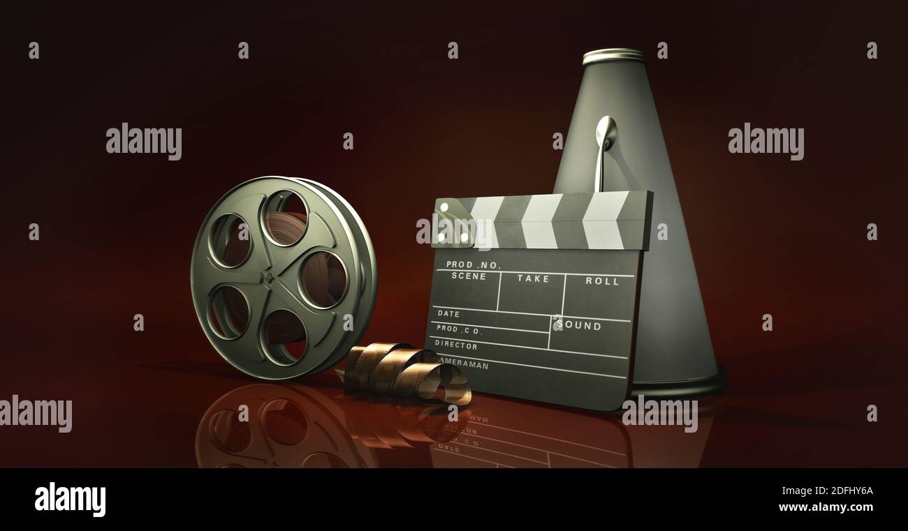 Shiny 3D illustration movies concept with a reel tape, a clapperboard ...