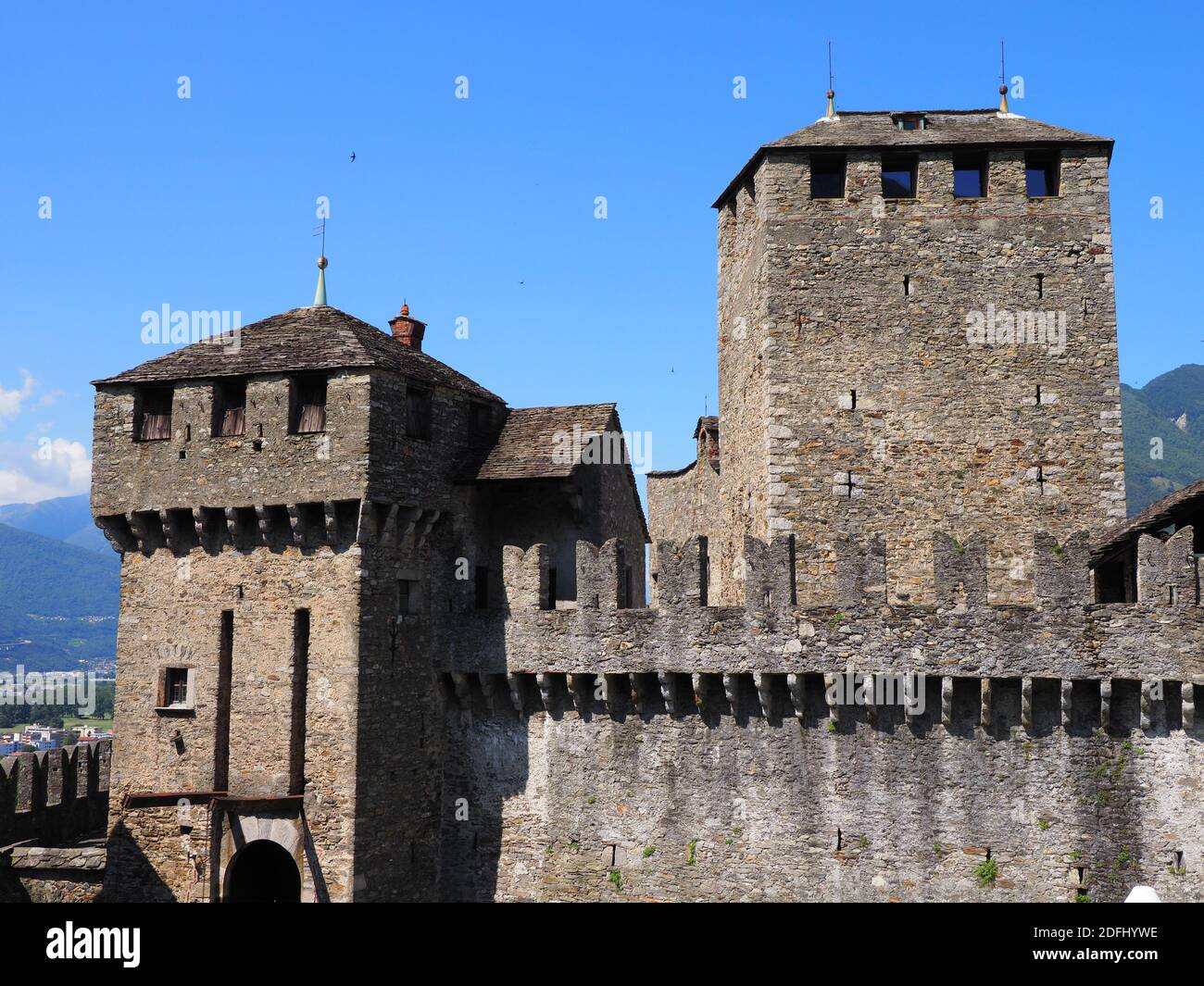 Towers of Montebello castle in Bellinzona city in Switzerland Stock ...