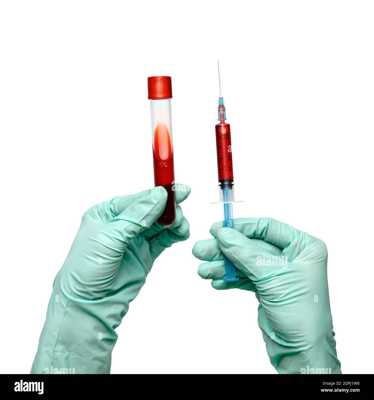 hand in latex glove holding blood sample in test tube and syringe close ...
