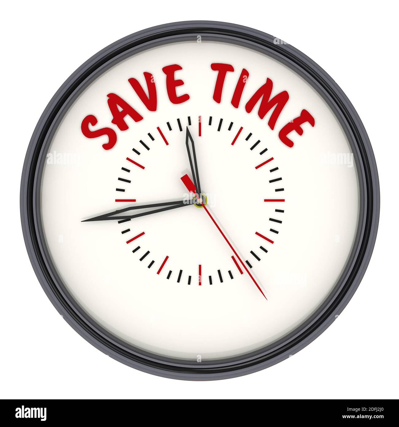 Save time. Clock with text. Analog clock with red text SAVE TIME ...