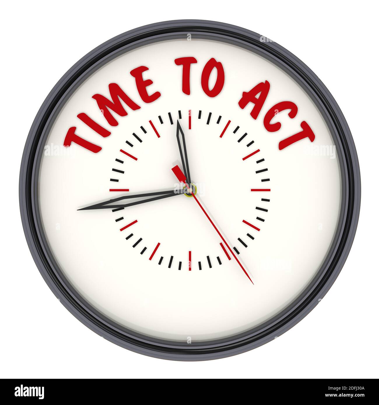 It's time to act. Clock with text. Analog Clock with red text TIME TO ...