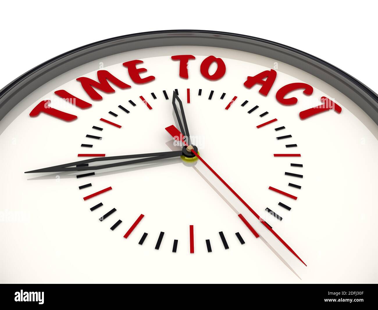 It's time to act. Clock with text. Analog Clock with red text TIME TO ...