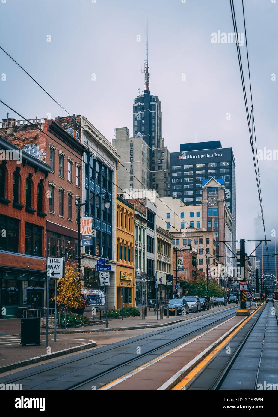 Tram tracks on Main Street in downtown Buffalo, New York Stock Photo ...