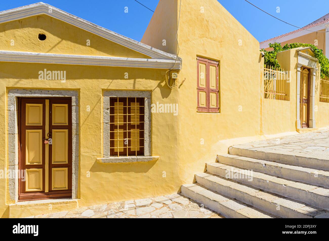 Colourful houses in the old hillside Horio, Symi Island, Dodecanese ...