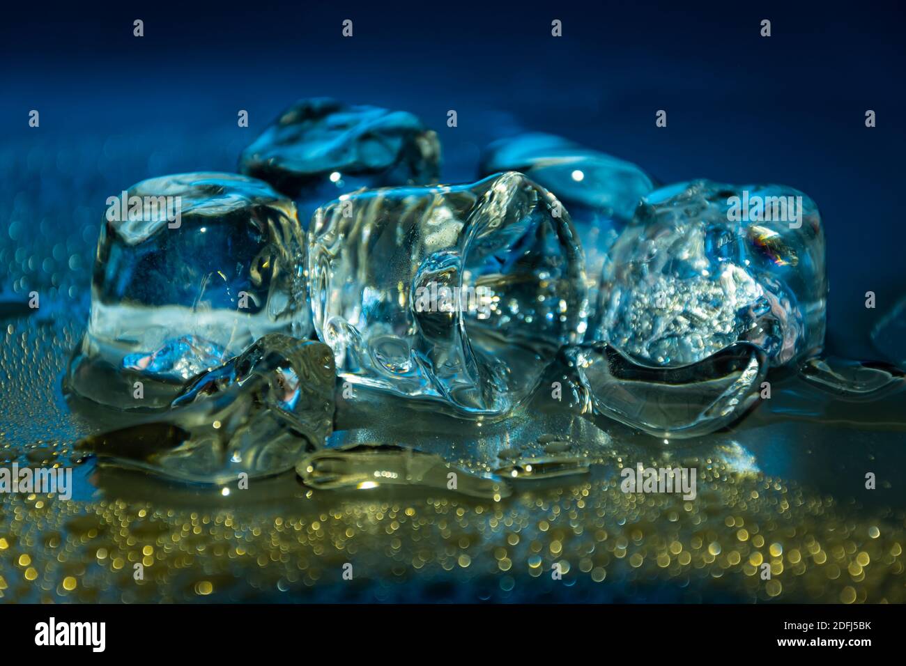 Melting frozen ice cubes illuminated with gradient coloured LED light ...