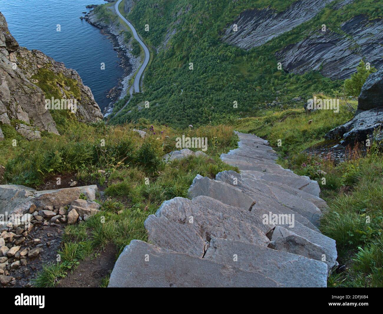Spectacular high angle view of steep rock stairs built by Nepali ...
