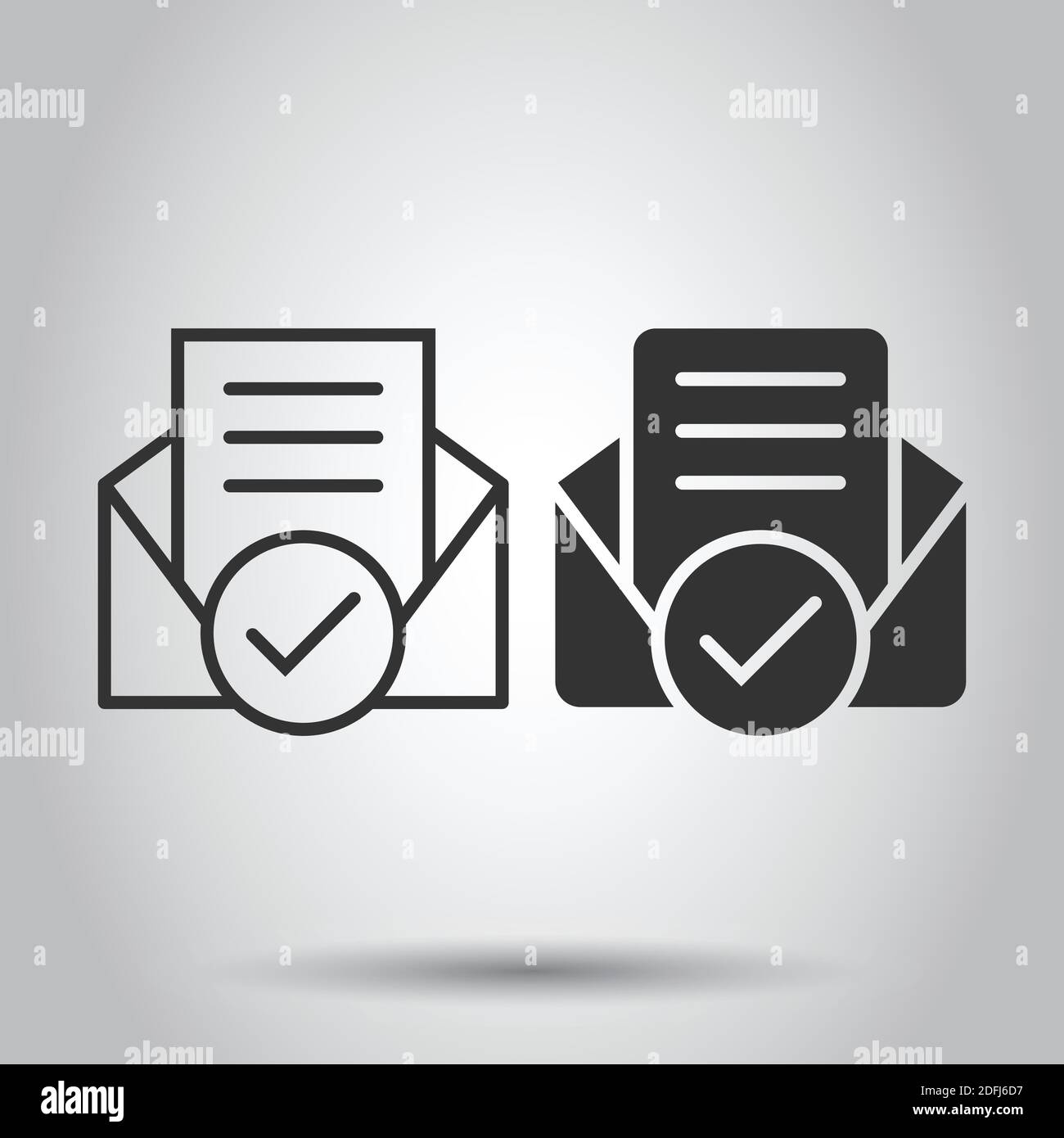 Envelope with confirmed document icon in flat style. Verify vector ...