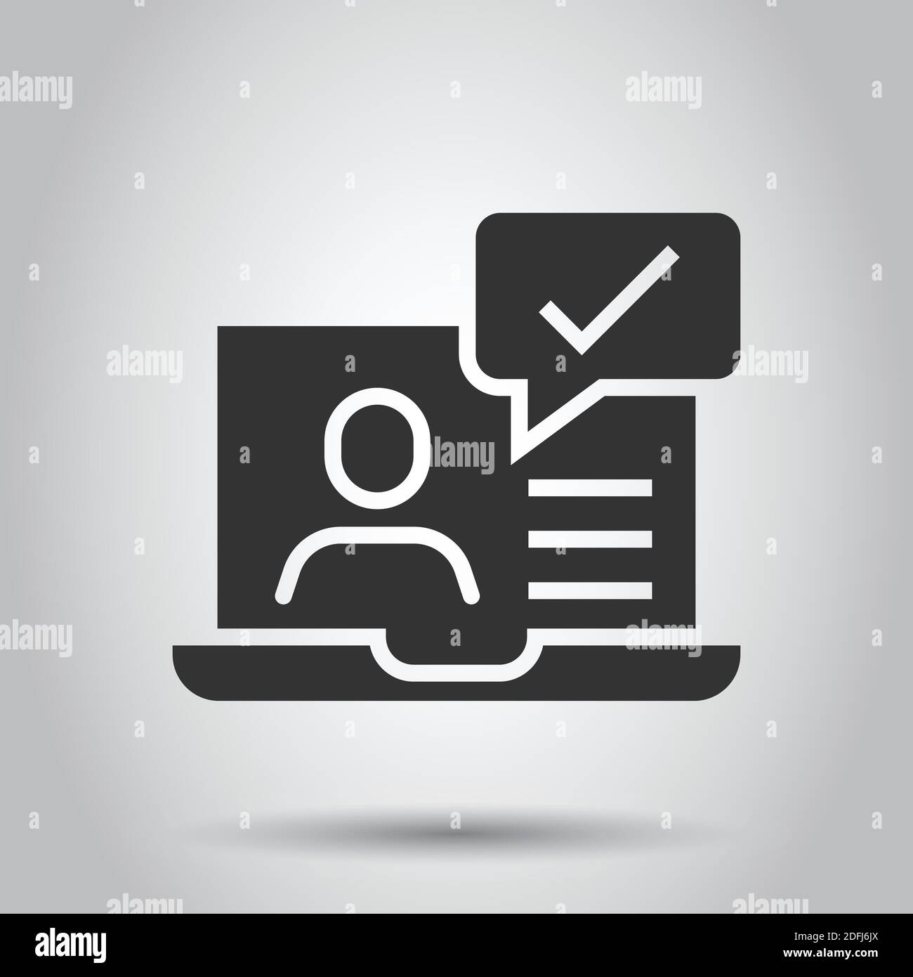 People with laptop computer icon in flat style. Pc user check mark ...