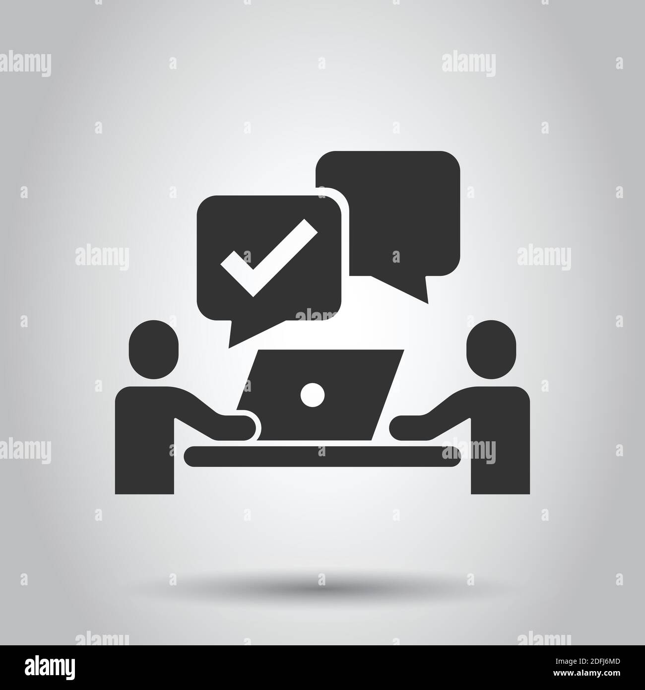 People with laptop computer icon in flat style. Pc user check mark ...