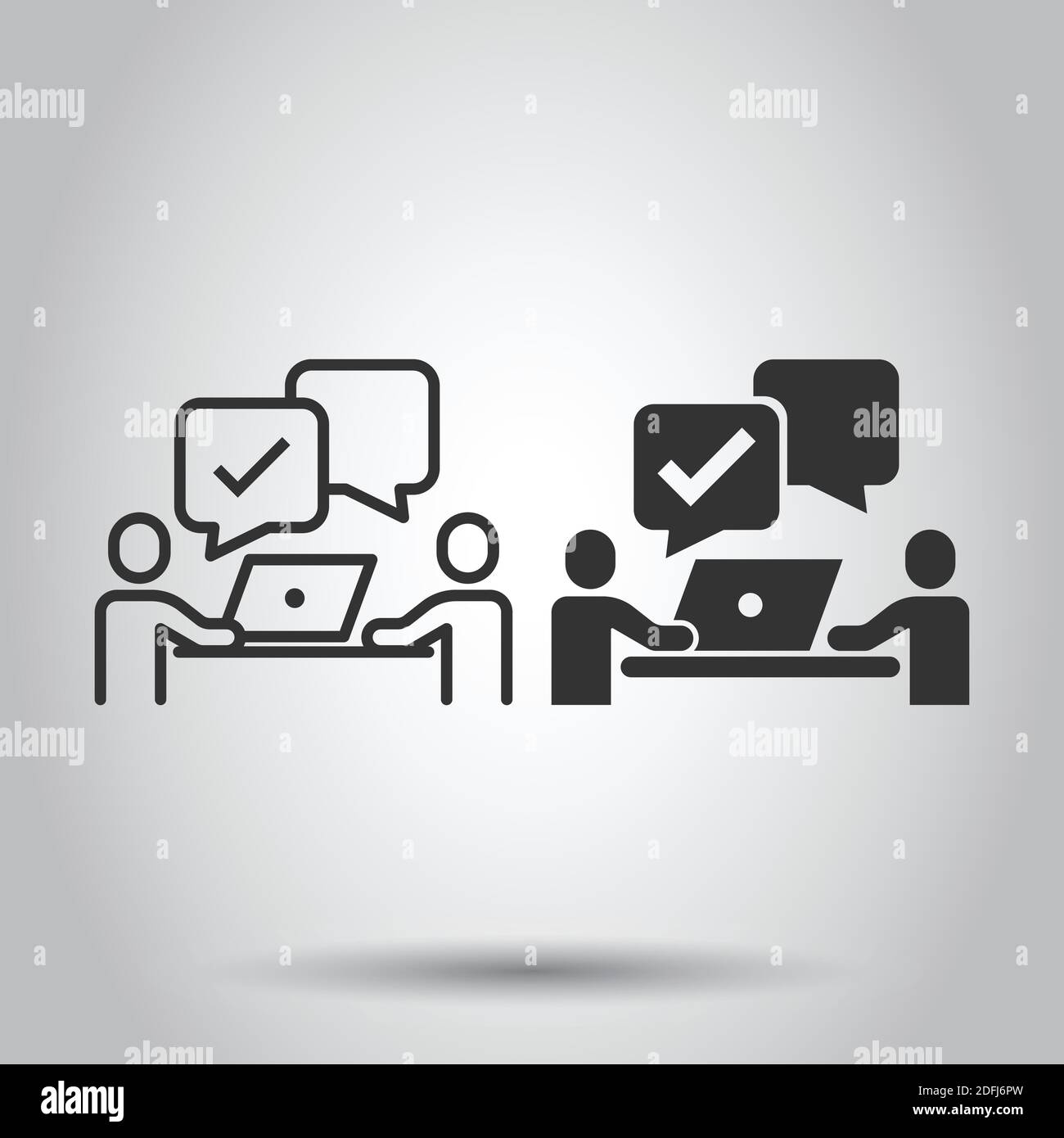 People with laptop computer icon in flat style. Pc user check mark ...