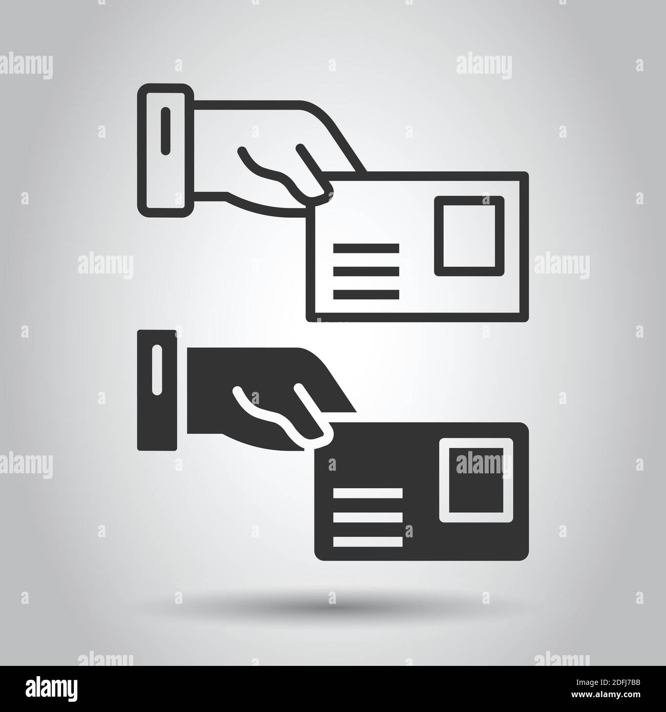 Hand with envelope icon in flat style. Mail letter delivery vector ...