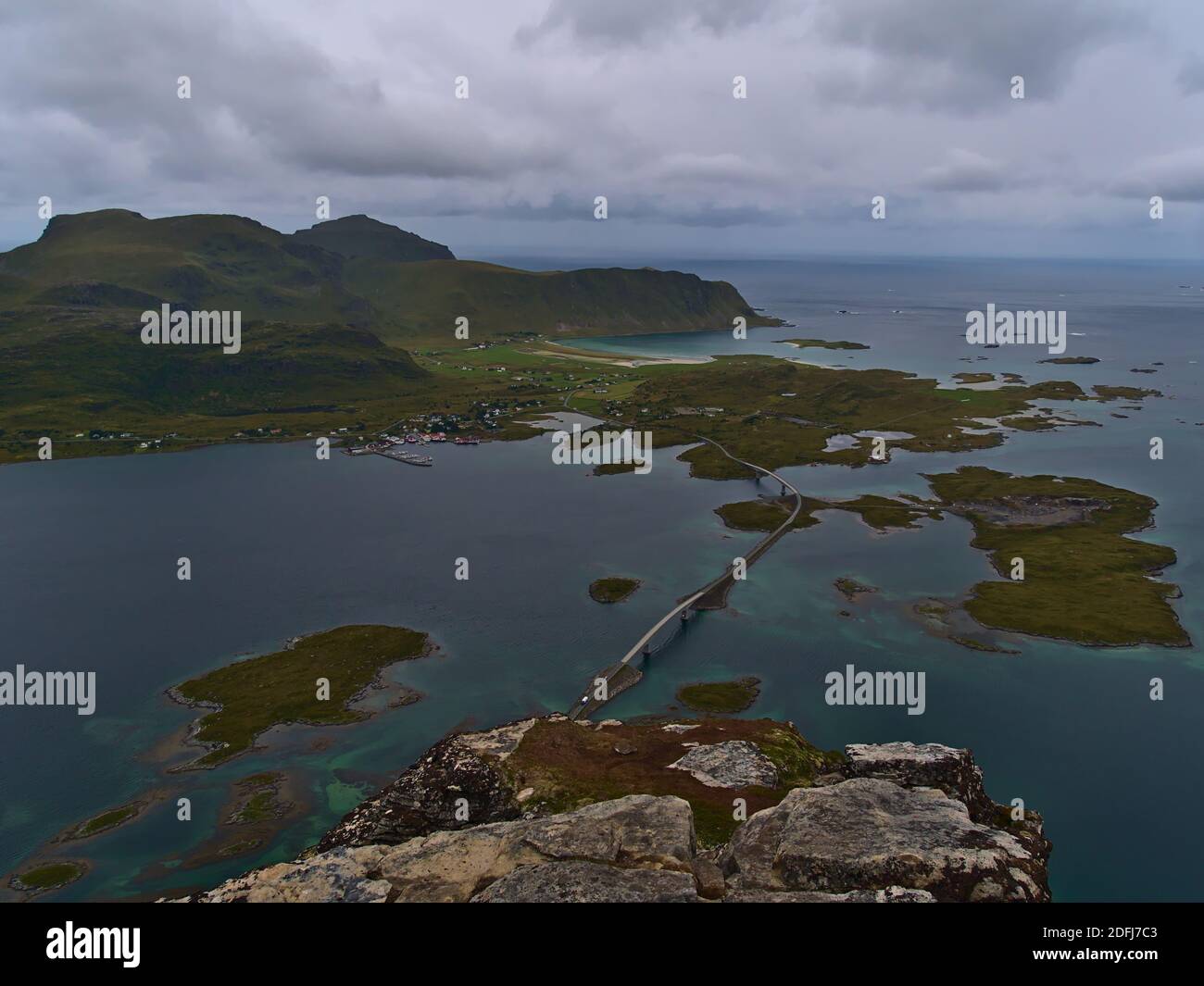 Beautiful aerial panoramic view of small village Fredvang located on ...