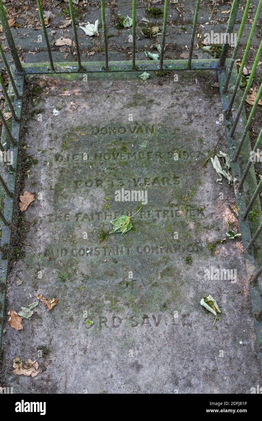 A dog grave in the animal cemetery in the grounds of Rufford Abbey ...